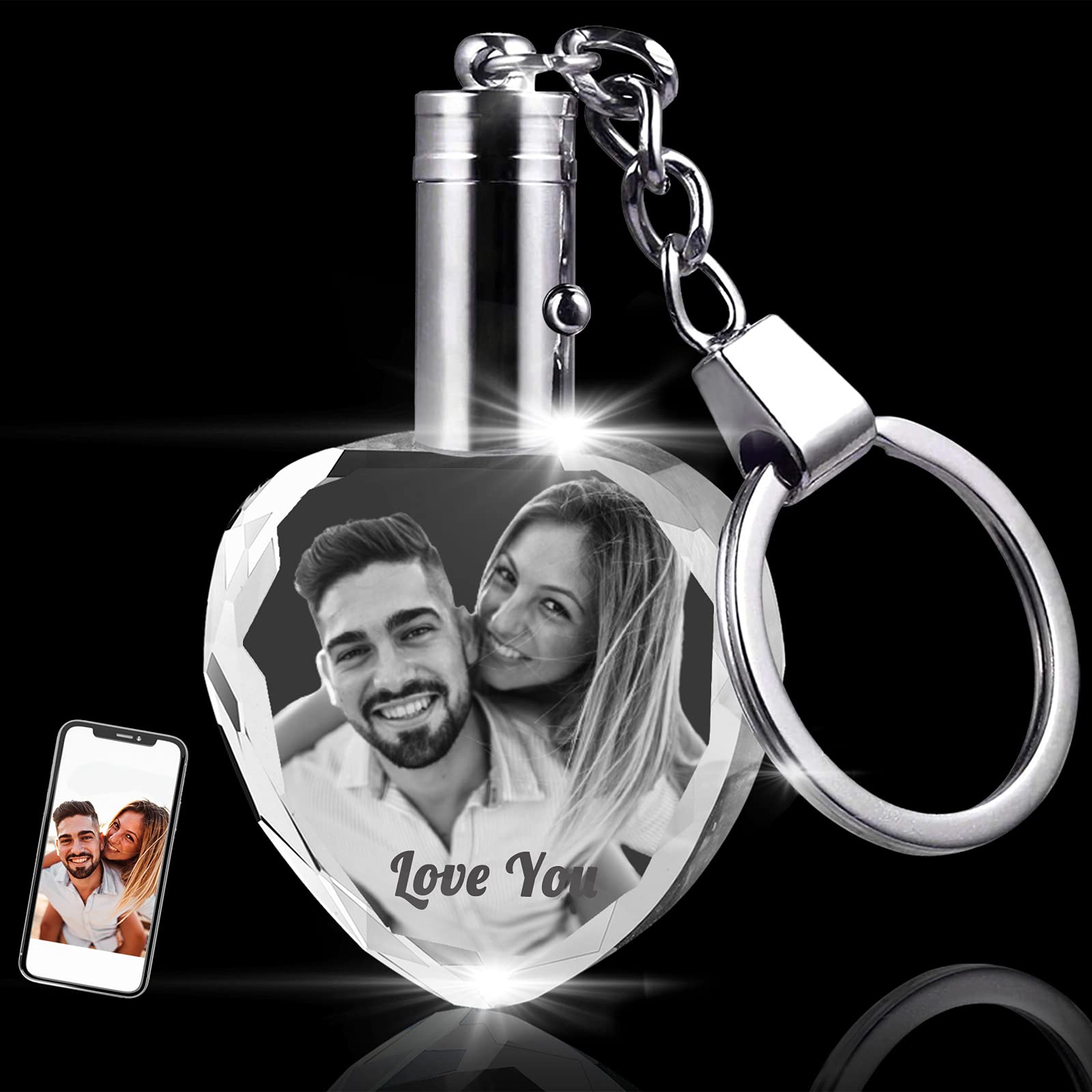 Amlion Crystal Keychain Photo Lighted Custom Crystal Etched Keychain, Personalized Crystal Keychain 3D Laser Engraved Gifts