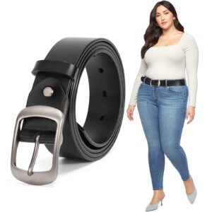 jasgood women leather plus size belt black casual waist belt for jeans pants with metal pin buckle(a-black.fit waist size 43''-47'')