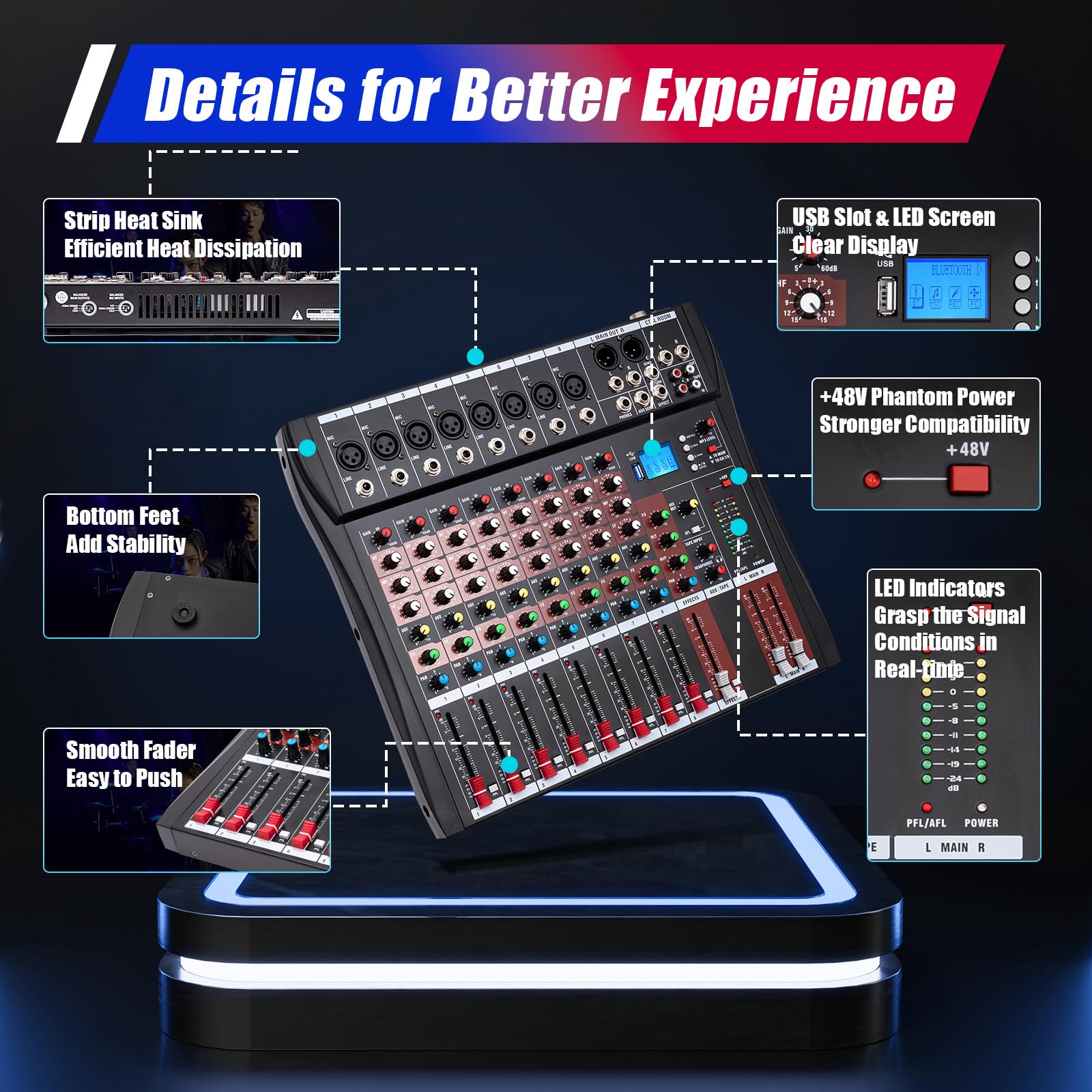 Professional Audio Mixer Sound Board Console USB bluetooth Audio Mixer DJ Live Mixing Console Dedicated Stereo 2-Track Bluetooth Live Studio Mixing Console Board(8 Channel)