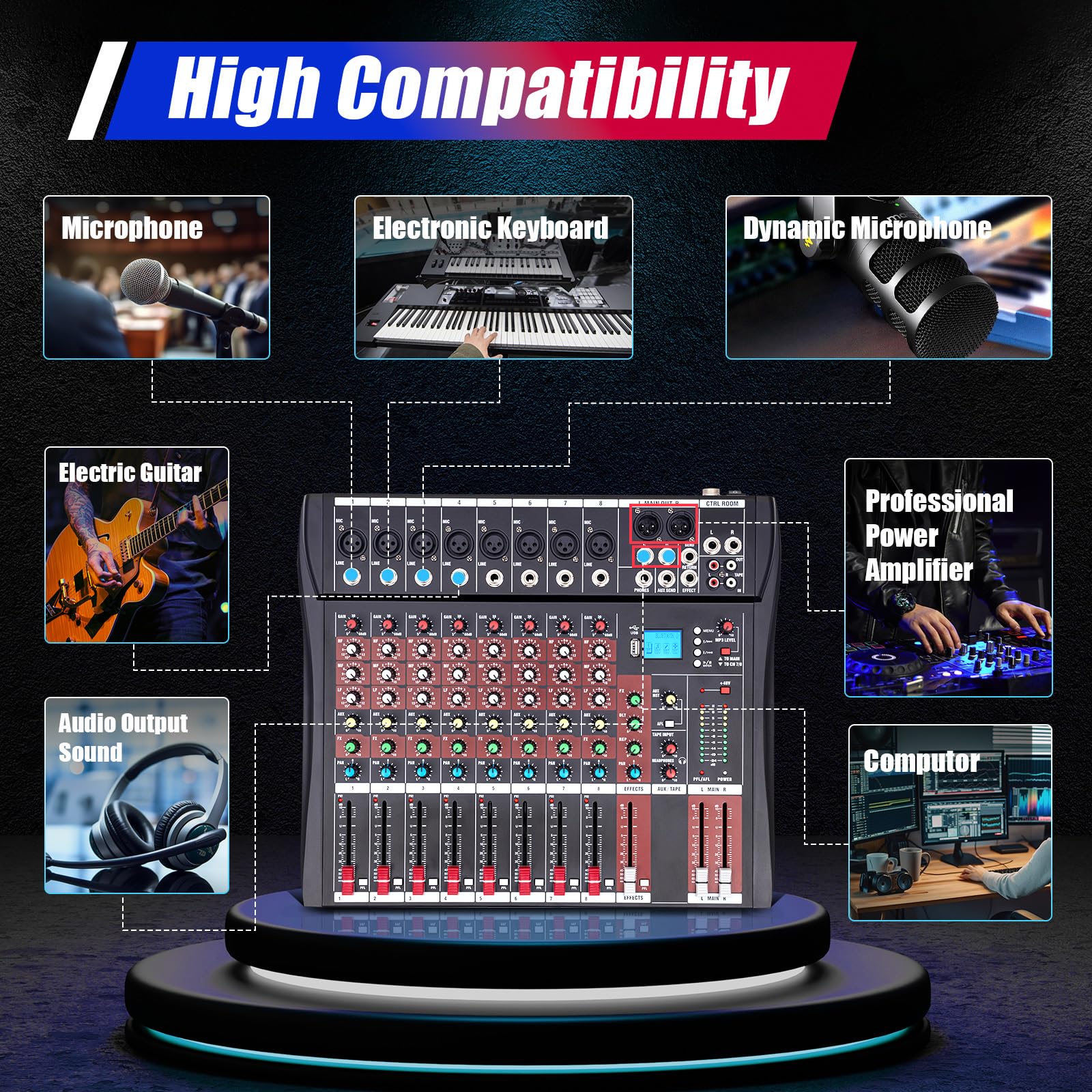 Professional Audio Mixer Sound Board Console USB bluetooth Audio Mixer DJ Live Mixing Console Dedicated Stereo 2-Track Bluetooth Live Studio Mixing Console Board(8 Channel)