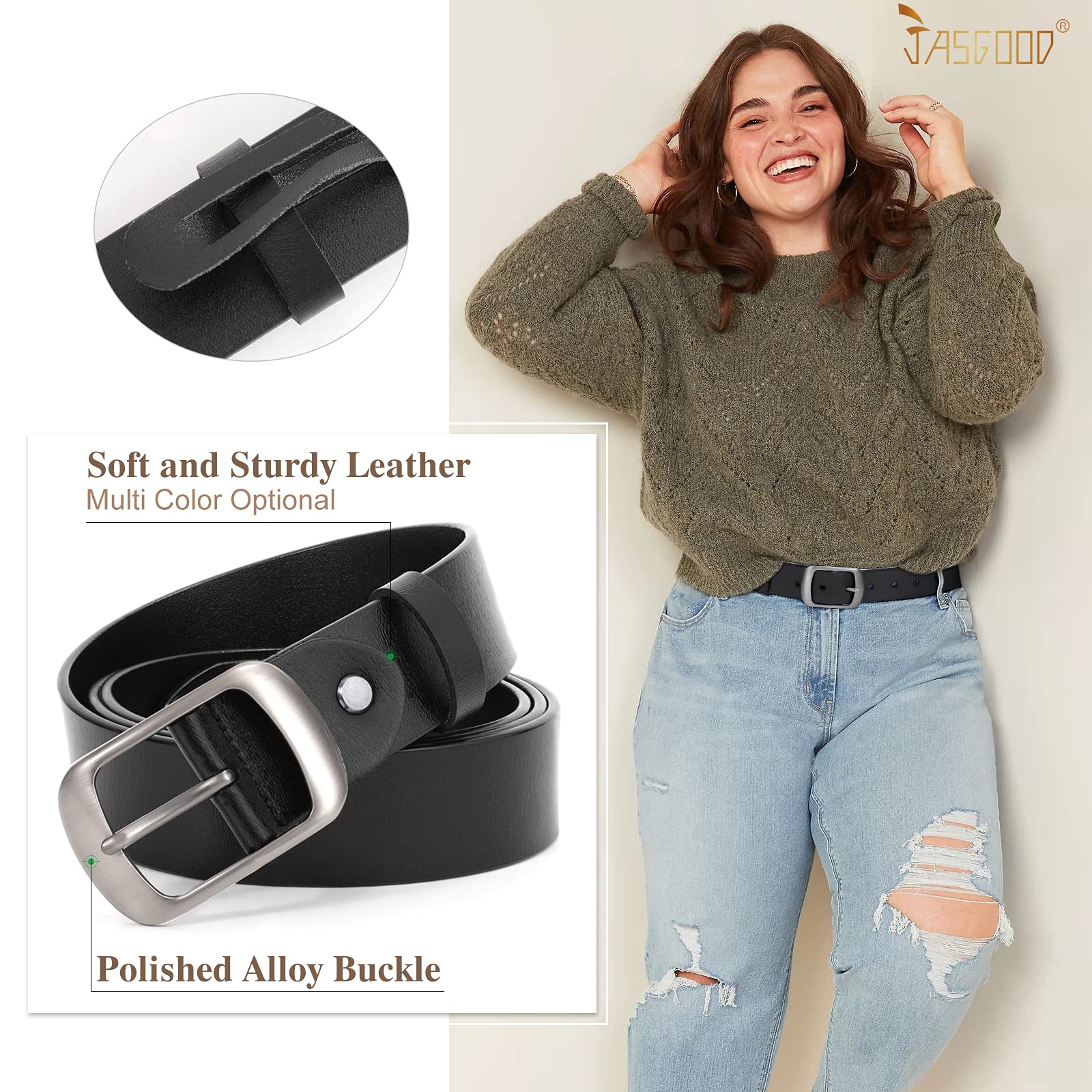 JASGOOD Women Leather Plus Size Belt Black Casual Waist Belt for Jeans Pants with Metal Pin Buckle(A-Black.Fit Waist Size 53''-57'')