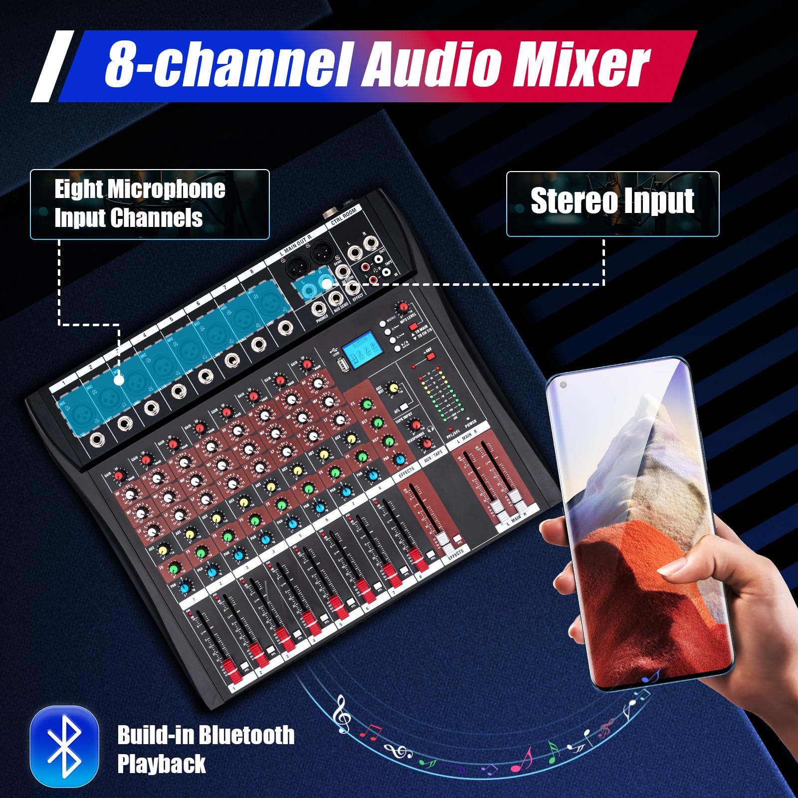 Professional Audio Mixer Sound Board Console USB bluetooth Audio Mixer DJ Live Mixing Console Dedicated Stereo 2-Track Bluetooth Live Studio Mixing Console Board(8 Channel)