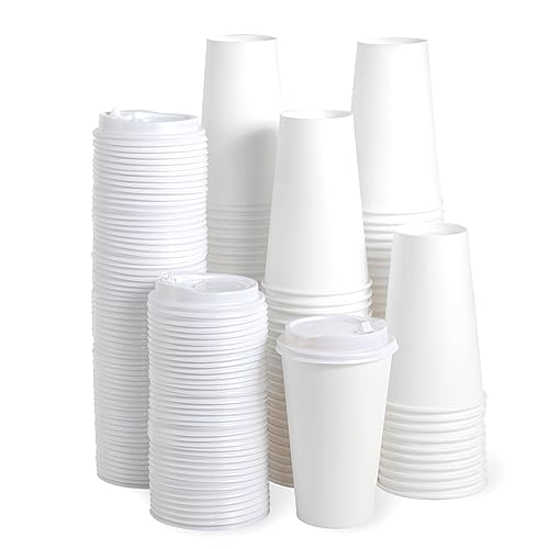 JOLLY PARTY [100 Pack] 16 oz Paper Coffee Cups, Disposable Paper Coffee Cup with Lids, Hot/Cold Beverage Drinking Cup for Water, Juice, Coffee or Tea, Suitable for Home, Shops and Cafes