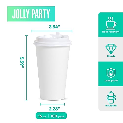 JOLLY PARTY [100 Pack] 16 oz Paper Coffee Cups, Disposable Paper Coffee Cup with Lids, Hot/Cold Beverage Drinking Cup for Water, Juice, Coffee or Tea, Suitable for Home, Shops and Cafes