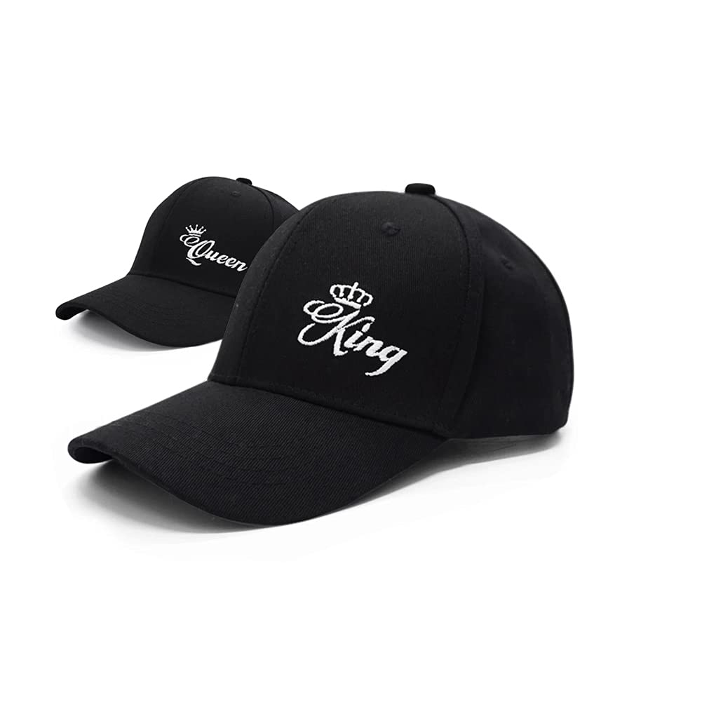 Embroidered King and Queen Couple Matching 2 in one Order Caps, Adjustable Baseball Hat (Black King+Queen)