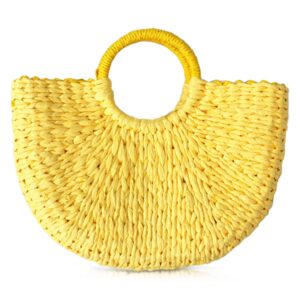 qtkj simple retro semi-circle rattan straw bag hand-woven round handle handbags summer beach bag tote straw bag purse (yellow)