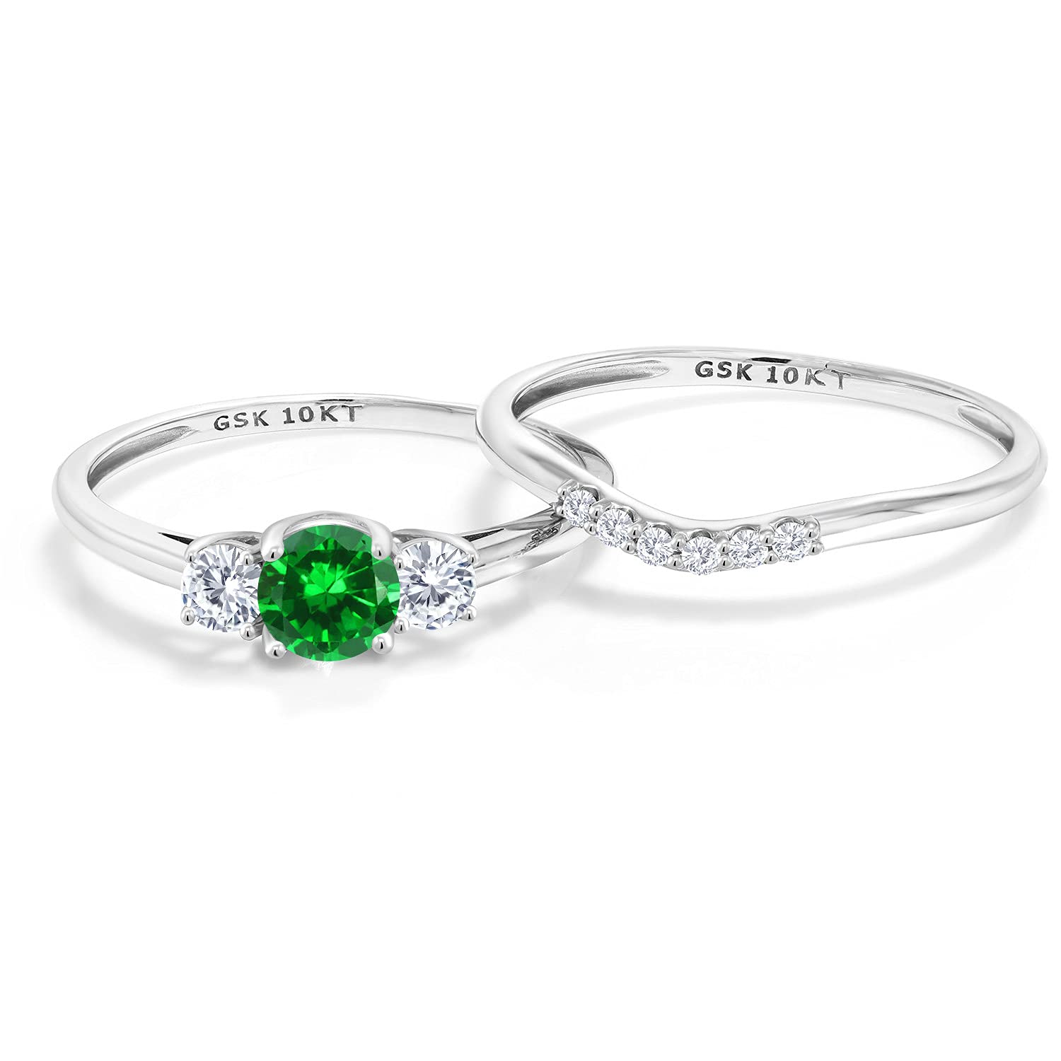 Gem Stone King 10K White Gold Green Simulated Emerald and White Lab Grown Diamond 3-Stone Bridal Engagement Wedding Ring Set For Women (1.08 Cttw, Gemstone May Birthstone, Round 5MM, Size 8)