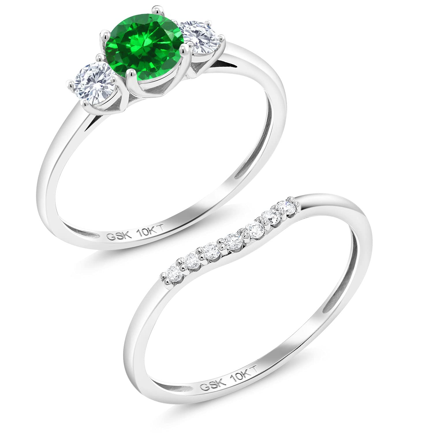 Gem Stone King 10K White Gold Green Simulated Emerald and White Lab Grown Diamond 3-Stone Bridal Engagement Wedding Ring Set For Women (1.08 Cttw, Gemstone May Birthstone, Round 5MM, Size 8)