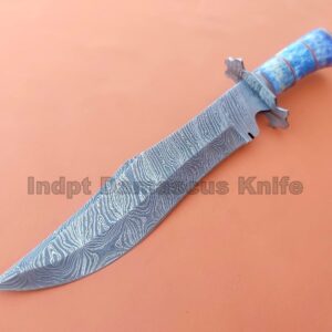 Handmade Damascus Steel Hunting Bowie Knife Full Tang Fix Blade 15' Inches Color Camel Bone Handle Comes With Leather Sheath Personalized Gift for Him