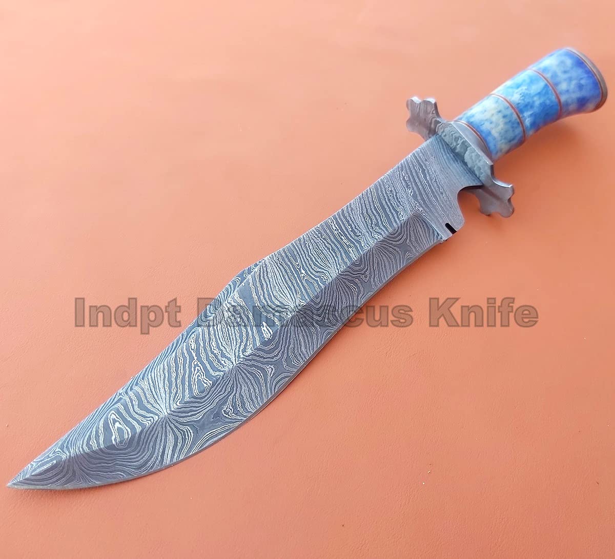 Handmade Damascus Steel Hunting Bowie Knife Full Tang Fix Blade 15' Inches Color Camel Bone Handle Comes With Leather Sheath Personalized Gift for Him