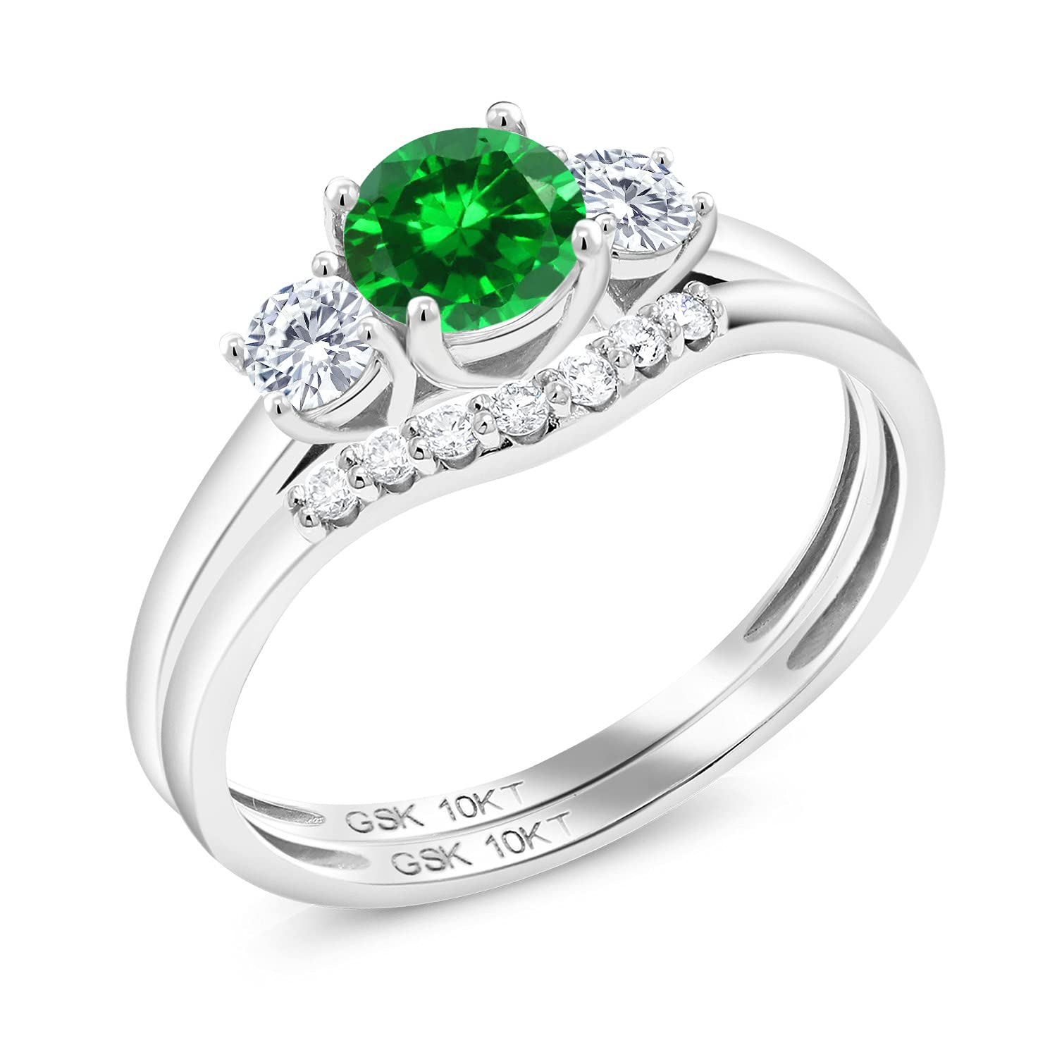 Gem Stone King 10K White Gold Green Simulated Emerald and White Lab Grown Diamond 3-Stone Bridal Engagement Wedding Ring Set For Women (1.08 Cttw, Gemstone May Birthstone, Round 5MM, Size 8)