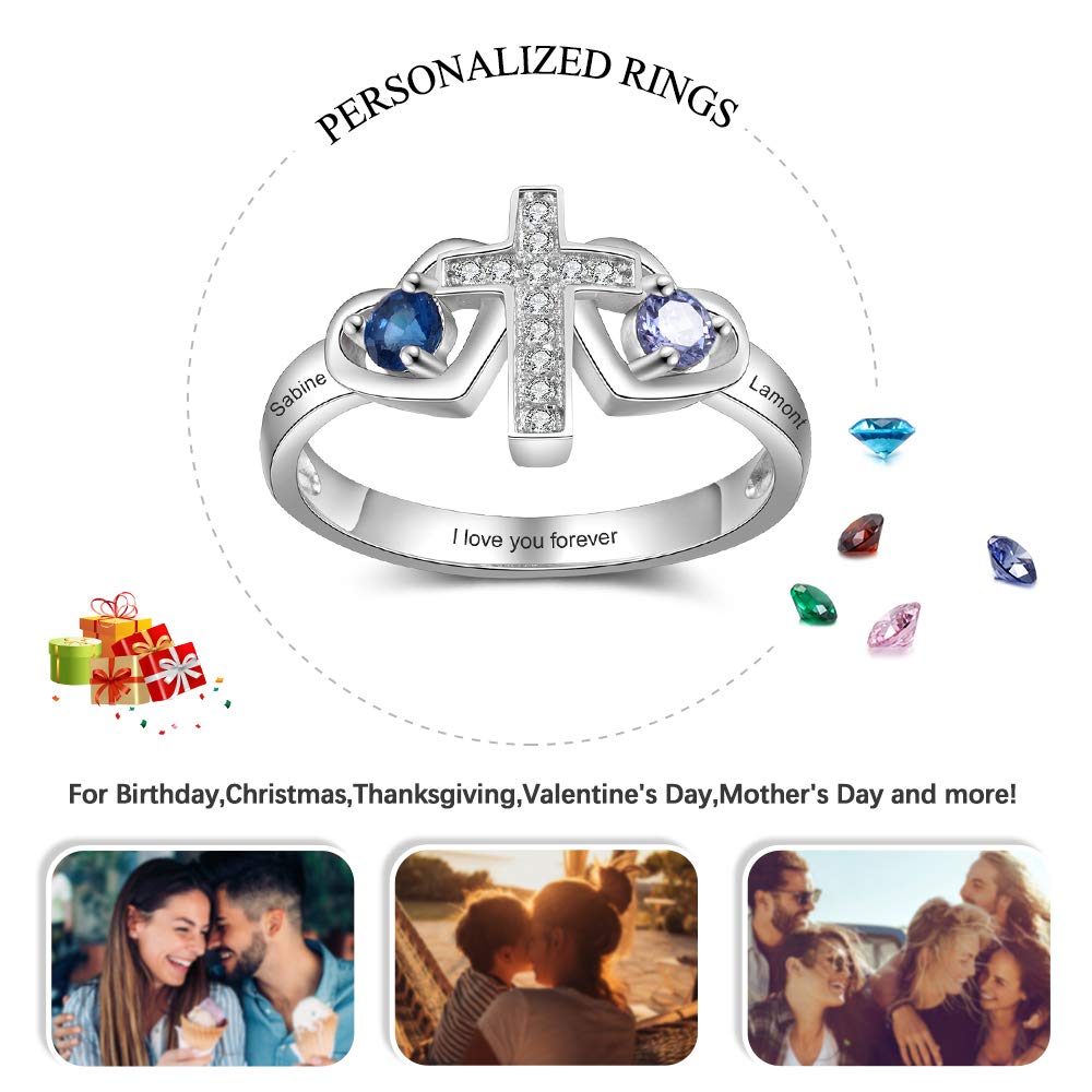 kaululu Mothers Ring 2 Birthstone Personalized Sterling Silver Ring for Women Custom Mom Ring with 2 Name Promise Rings Mothers Day Ring Gifts for Mom Grandmother Wife (Style 1, 9)