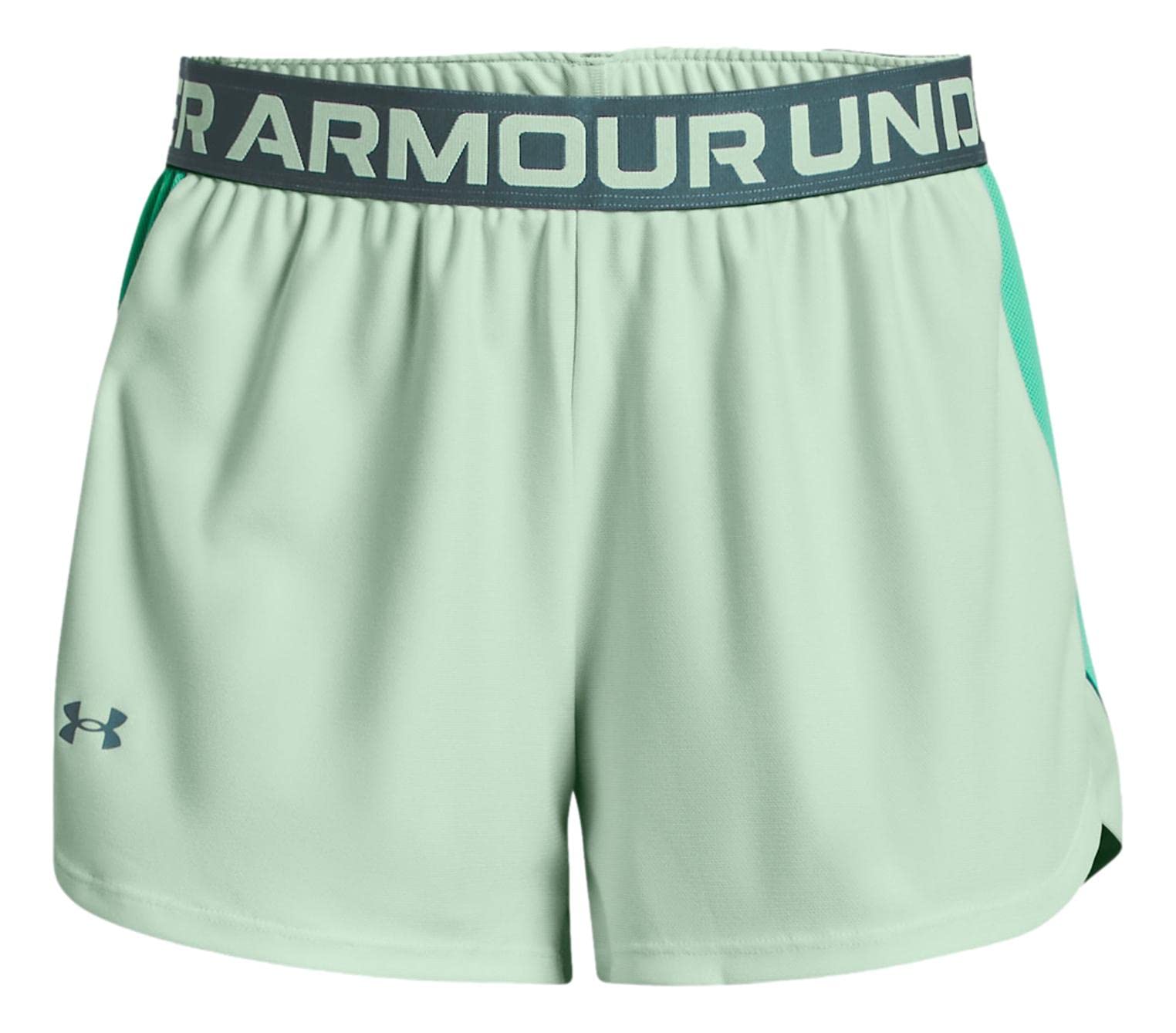 Under Armour Women's UA Play Up Side Mesh Shorts (Medium, Seaglass Blue/Comet Green)