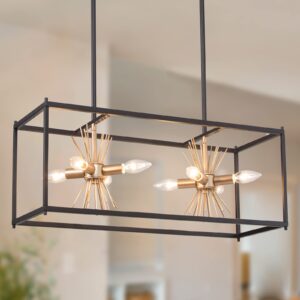 phosant lighting black gold chandelier, 8-light linear island lights for kitchen, 26" modern farmhouse chandelier for dining room with sputnik spikes