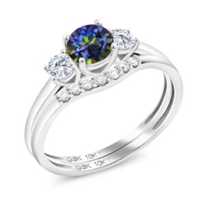 gem stone king 10k white gold blue mystic topaz and white lab grown diamond 3-stone bridal engagement wedding ring set for women (0.74 cttw, gemstone november birthstone, round 5mm, size 6)