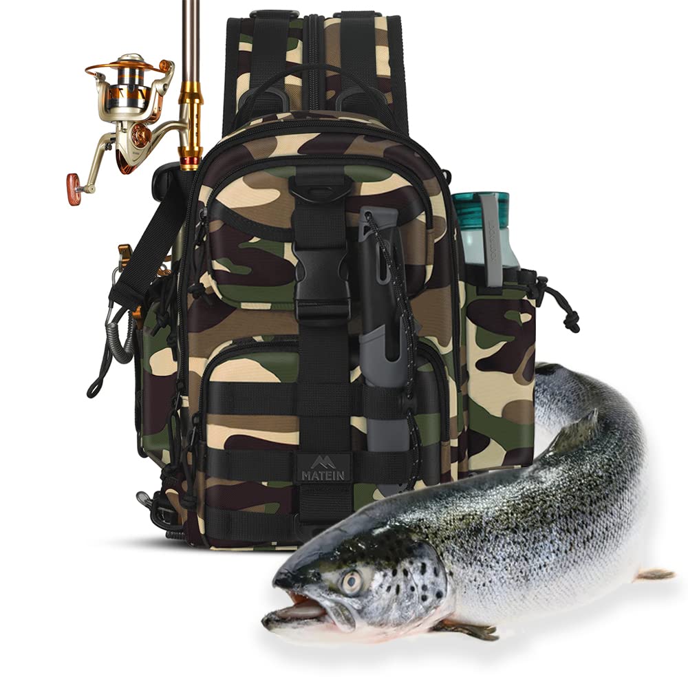 MATEIN Fishing Backpack Tackle Bag, Small Convertible Fishing Sling Bag Tackle Box with Rod Holder, Fishing Gifts for Men, Water-Resistant Tackle Storage Bags Hold Fish Gear Accessories, Camouflage