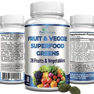 fruit and veggie superfood greens - 28 fruits and vegetables incl. alfalfa, barley grass, spirulina, beet root, tart cherry, concentrated natural antioxidants- 60 tablets