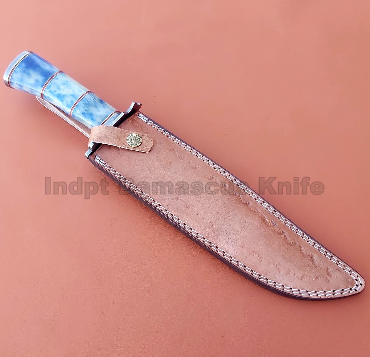 Handmade Damascus Steel Hunting Bowie Knife Full Tang Fix Blade 15' Inches Color Camel Bone Handle Comes With Leather Sheath Personalized Gift for Him