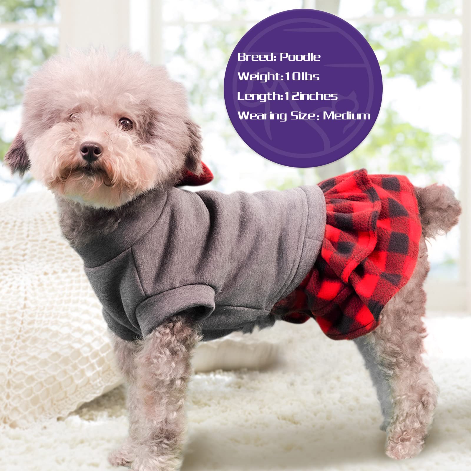 cyeollo Small Dog Dress for Dogs Flannel Warm Dress Skirt with Bowknot New Year Holiday Thermal Winter Pet Clothes Doggie Dog Apparel Outfit Dresses