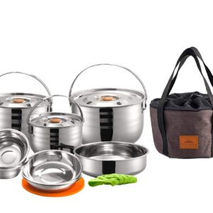 CAMPINGMOON 16PCS Stainless Steel Outdoor Camping Nesting Mess Kit Cookware Set Pots Pans with Storage Carrying Bag MC240