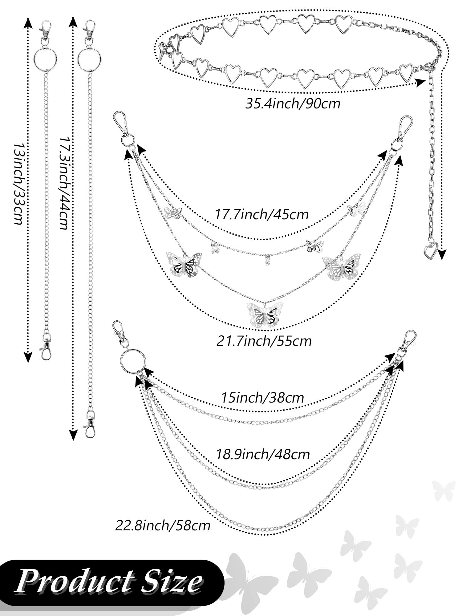 Jadive 5 Pieces Chain Belt Jeans Pants Chain Pocket Waist Chain Multi-Layer Hip Hop Metal Wallet Chain for Men Women (Butterfly,Silver)