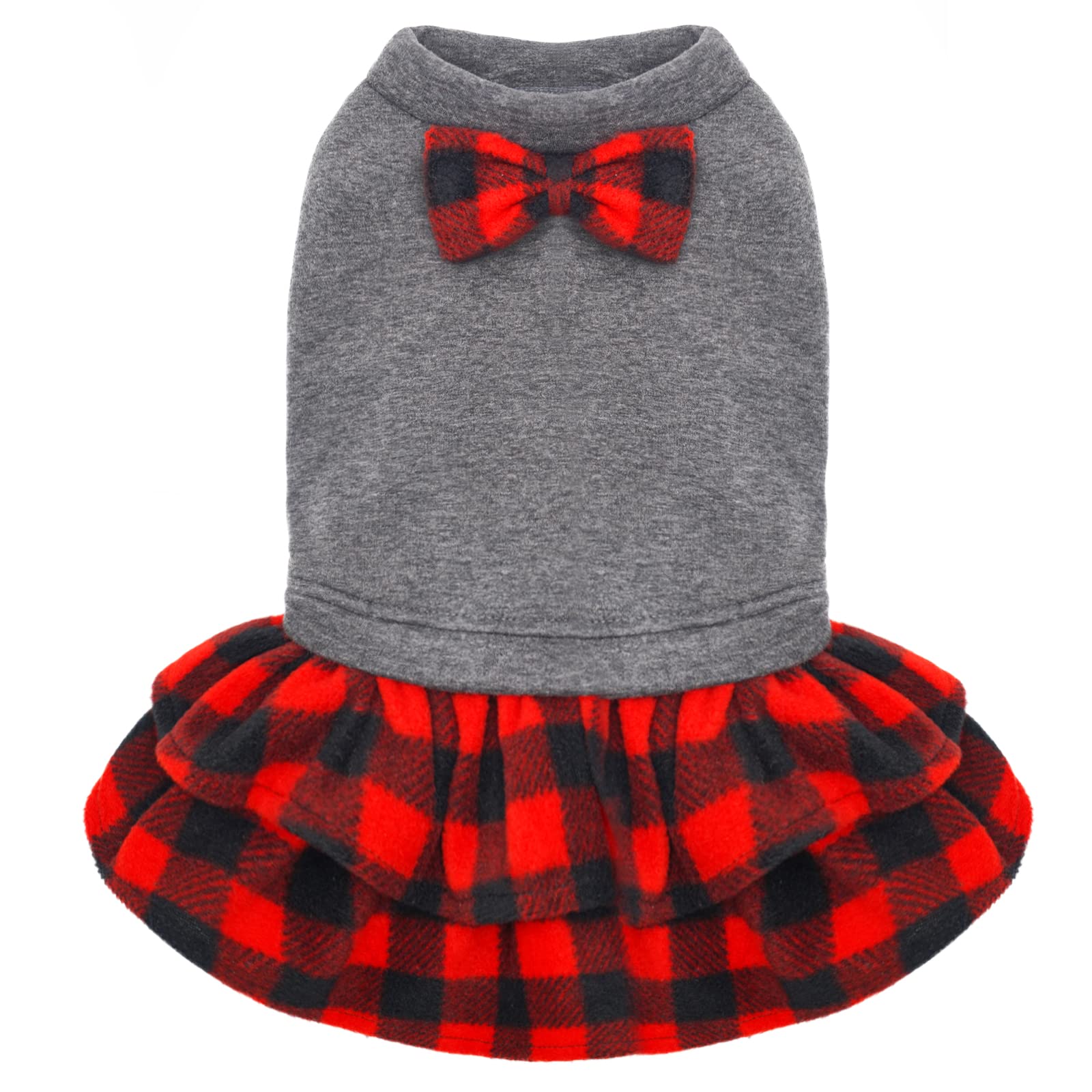 cyeollo Small Dog Dress for Dogs Flannel Warm Dress Skirt with Bowknot New Year Holiday Thermal Winter Pet Clothes Doggie Dog Apparel Outfit Dresses