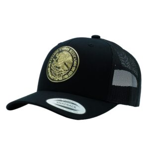 the pride mexico flag hat with glossy detailed custom shield patch orgullo mexicano (trucker-gold-black), large