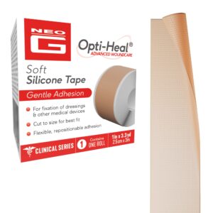 neo g opti-heal silicone medical tape for wound care – medical surgical tape sensitive skin for fixation of wound dressings, bandages, medical devices - adhesive first aid tape roll -1 inch x 3.3 yd