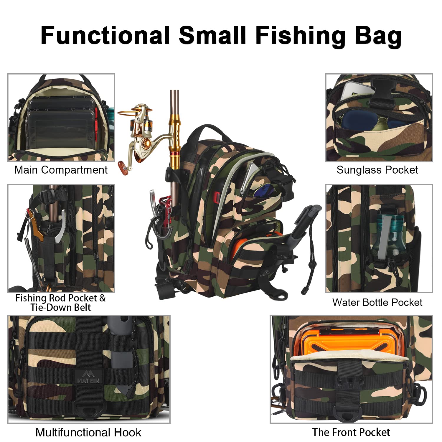 MATEIN Fishing Backpack Tackle Bag, Small Convertible Fishing Sling Bag Tackle Box with Rod Holder, Fishing Gifts for Men, Water-Resistant Tackle Storage Bags Hold Fish Gear Accessories, Camouflage