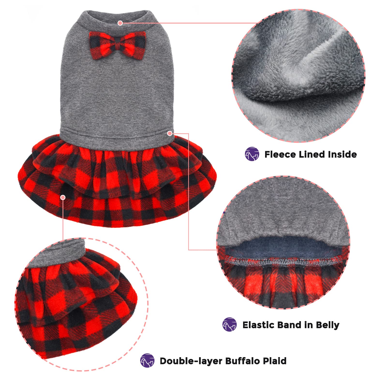 cyeollo Small Dog Dress for Dogs Flannel Warm Dress Skirt with Bowknot New Year Holiday Thermal Winter Pet Clothes Doggie Dog Apparel Outfit Dresses