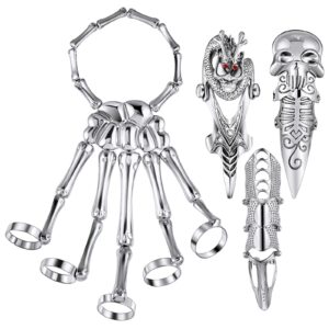 4 pieces punk wristband skull fingers hand bracelet skull finger skeleton joint bracelet knuckle full finger knuckle joint finger armour knuckle full finger ring (silver)