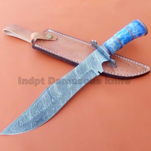 Handmade Damascus Steel Hunting Bowie Knife Full Tang Fix Blade 15' Inches Color Camel Bone Handle Comes With Leather Sheath Personalized Gift for Him