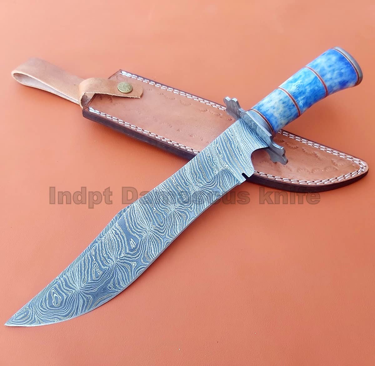 Handmade Damascus Steel Hunting Bowie Knife Full Tang Fix Blade 15' Inches Color Camel Bone Handle Comes With Leather Sheath Personalized Gift for Him