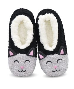 dicuird womens cozy&warm animal slipper socks with grippers-house socks(black cat, 8-10)