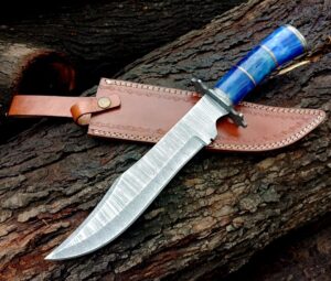 handmade damascus steel hunting bowie knife full tang fix blade 15' inches color camel bone handle comes with leather sheath personalized gift for him