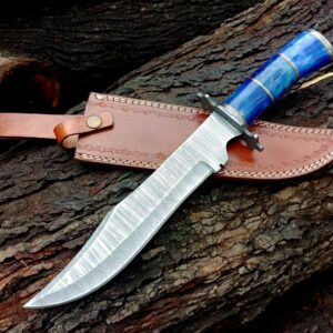 Handmade Damascus Steel Hunting Bowie Knife Full Tang Fix Blade 15' Inches Color Camel Bone Handle Comes With Leather Sheath Personalized Gift for Him