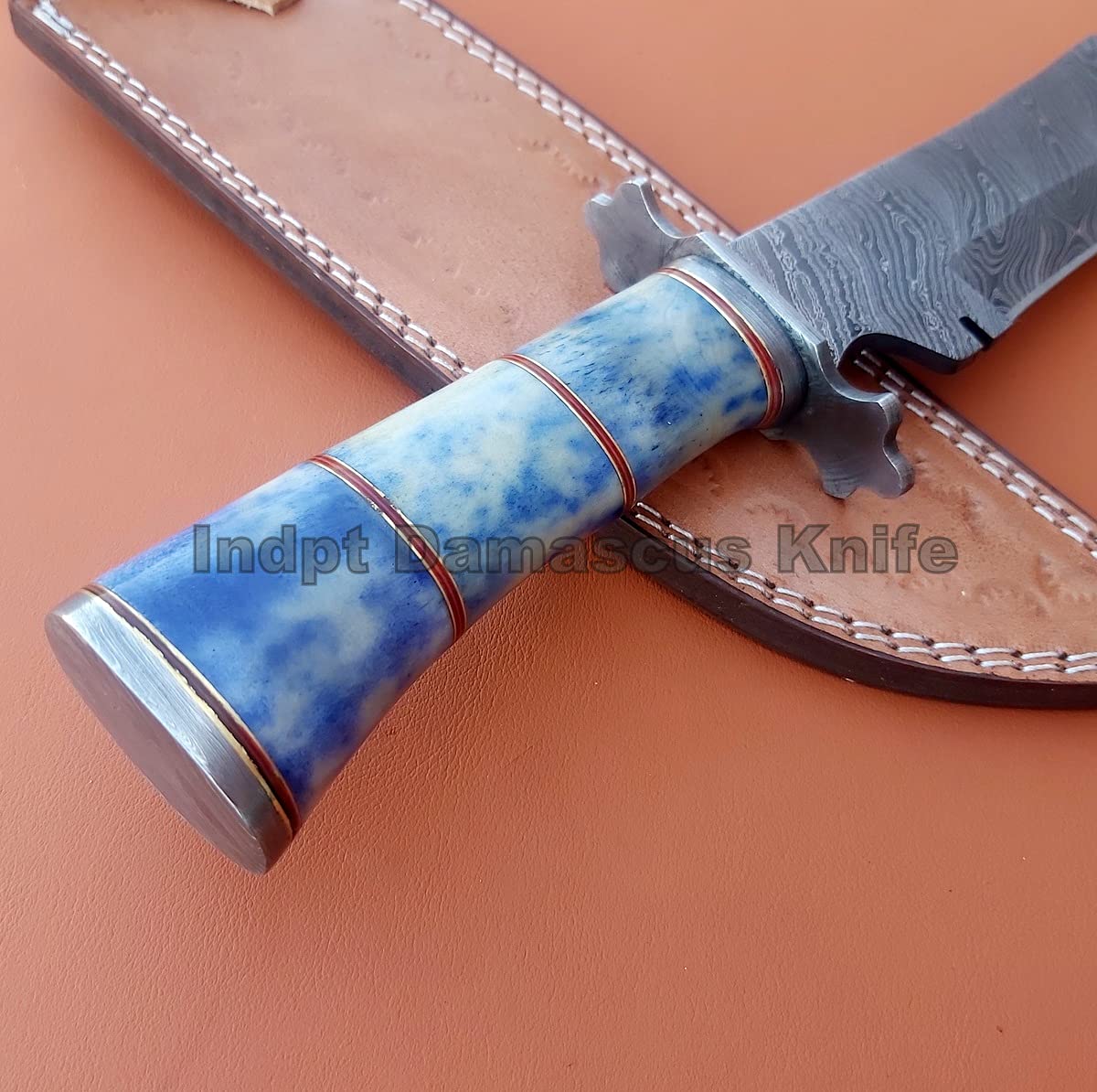 Handmade Damascus Steel Hunting Bowie Knife Full Tang Fix Blade 15' Inches Color Camel Bone Handle Comes With Leather Sheath Personalized Gift for Him