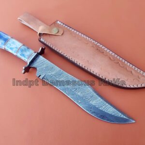 Handmade Damascus Steel Hunting Bowie Knife Full Tang Fix Blade 15' Inches Color Camel Bone Handle Comes With Leather Sheath Personalized Gift for Him