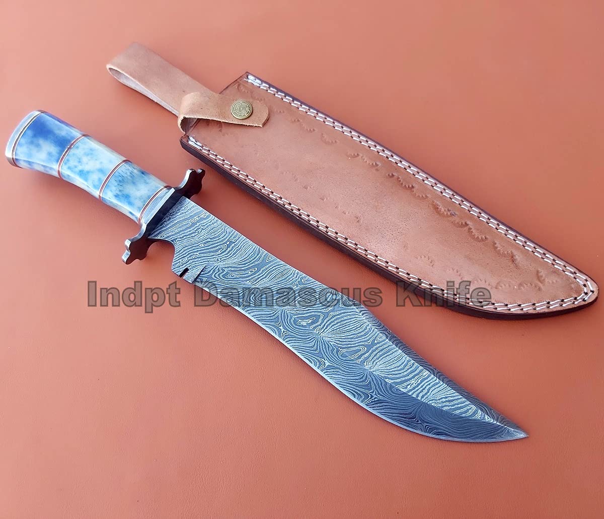 Handmade Damascus Steel Hunting Bowie Knife Full Tang Fix Blade 15' Inches Color Camel Bone Handle Comes With Leather Sheath Personalized Gift for Him