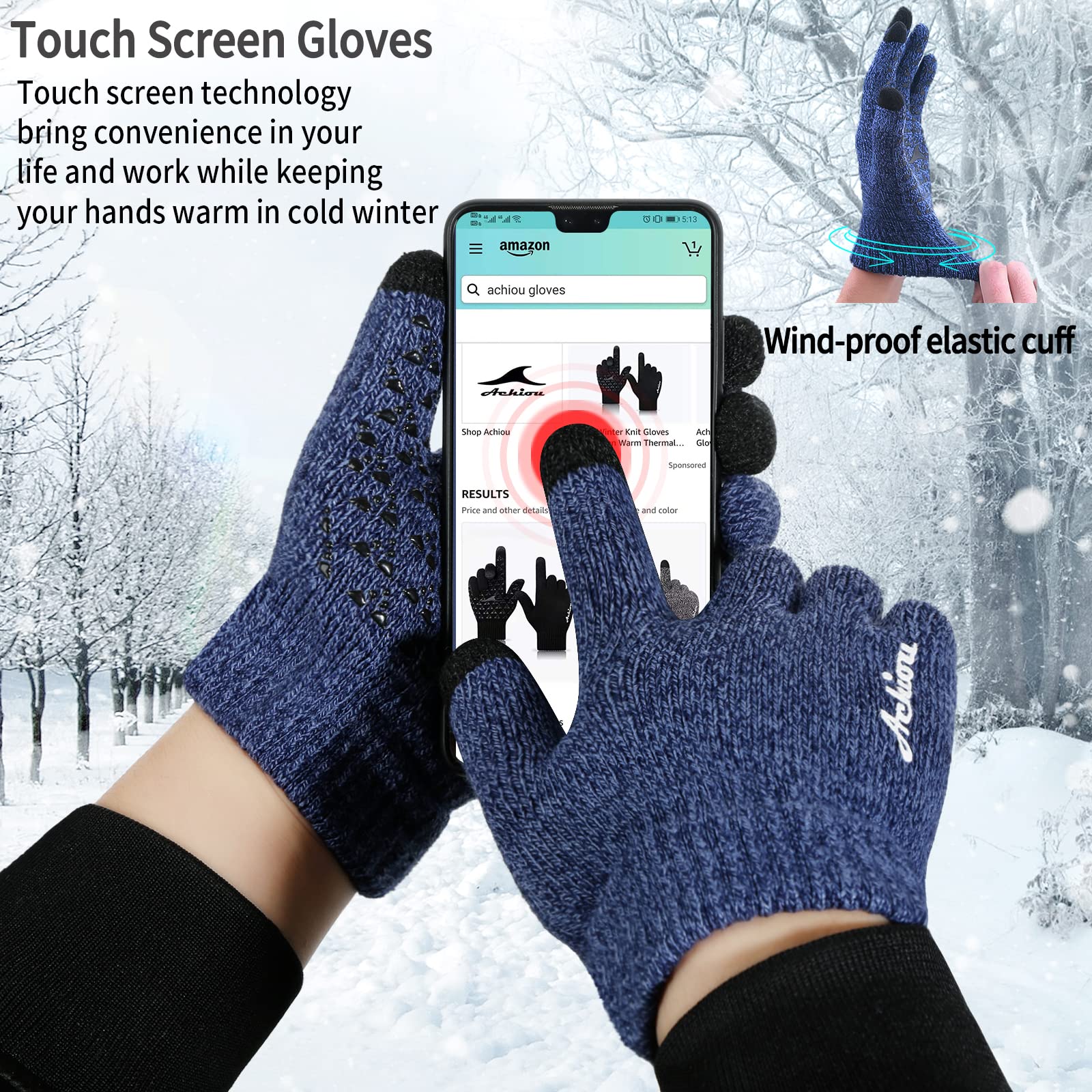 Achiou Winter Gloves for Men Women, Upgraded Thicken Touch Screen, Anti-Slip Silicone Gel, Thermal Soft Knit Lining