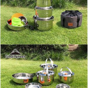 CAMPINGMOON 16PCS Stainless Steel Outdoor Camping Nesting Mess Kit Cookware Set Pots Pans with Storage Carrying Bag MC240