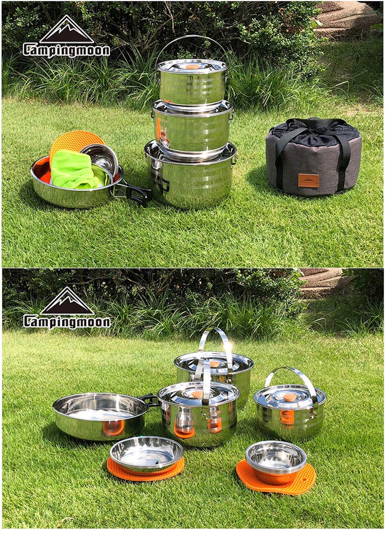 CAMPINGMOON 16PCS Stainless Steel Outdoor Camping Nesting Mess Kit Cookware Set Pots Pans with Storage Carrying Bag MC240