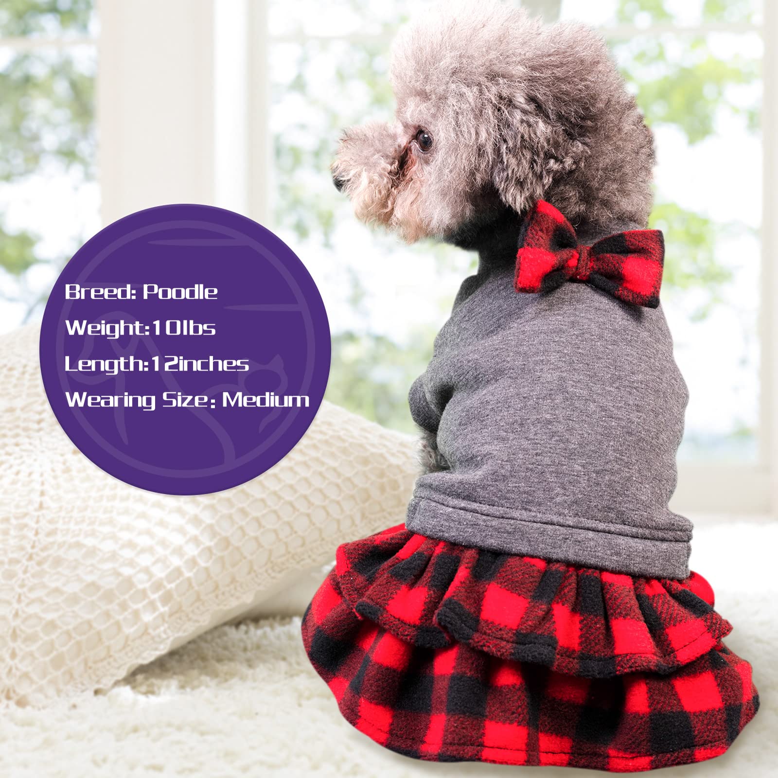 cyeollo Small Dog Dress for Dogs Flannel Warm Dress Skirt with Bowknot New Year Holiday Thermal Winter Pet Clothes Doggie Dog Apparel Outfit Dresses