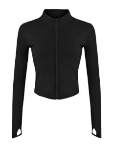 gnveub women’s sports running jacket slim fit stretchy full zip athletic workout lightweight jacket with thumb holes(black,xl)