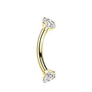 pierced owl 16ga g23 implant grade titanium internally threaded prong set cz crystal ends cartilage helix daith rook eyebrow curved barbell (gold tone/clear)