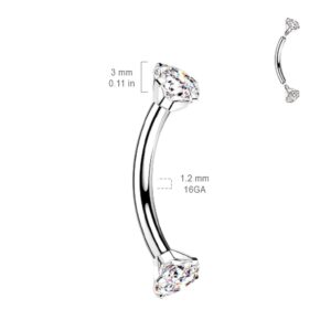 Pierced Owl 16GA G23 Implant Grade Titanium Internally Threaded Prong Set CZ Crystal Ends Cartilage Helix Daith Rook Eyebrow Curved Barbell (Gold Tone/Clear)