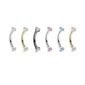 Pierced Owl 16GA G23 Implant Grade Titanium Internally Threaded Prong Set CZ Crystal Ends Cartilage Helix Daith Rook Eyebrow Curved Barbell (Gold Tone/Clear)