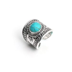 dtja vintage boho turquoise wide statement ring for women girls oxidized silver plated big open band wrap adjustable expandable finger rings comfort fit fashion bohemian ethnic exaggerated jewelry