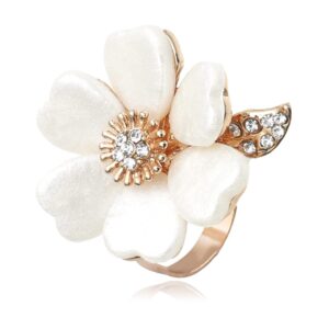 heart shaped shell pearl flower ring for women girls vintage gold plated elegant big statement crystal leaf finger pinky rings size 5 comfort fit dainty floral jewelry gifts for mom sister