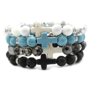 XIMEO 8PCS Cross Beads Bracelet Set Lava Rock Howlite Turquoise Tiger Eye Stone Natural Stone Bracelet Stretch Elastic Healing 8mm Beads Bracelet